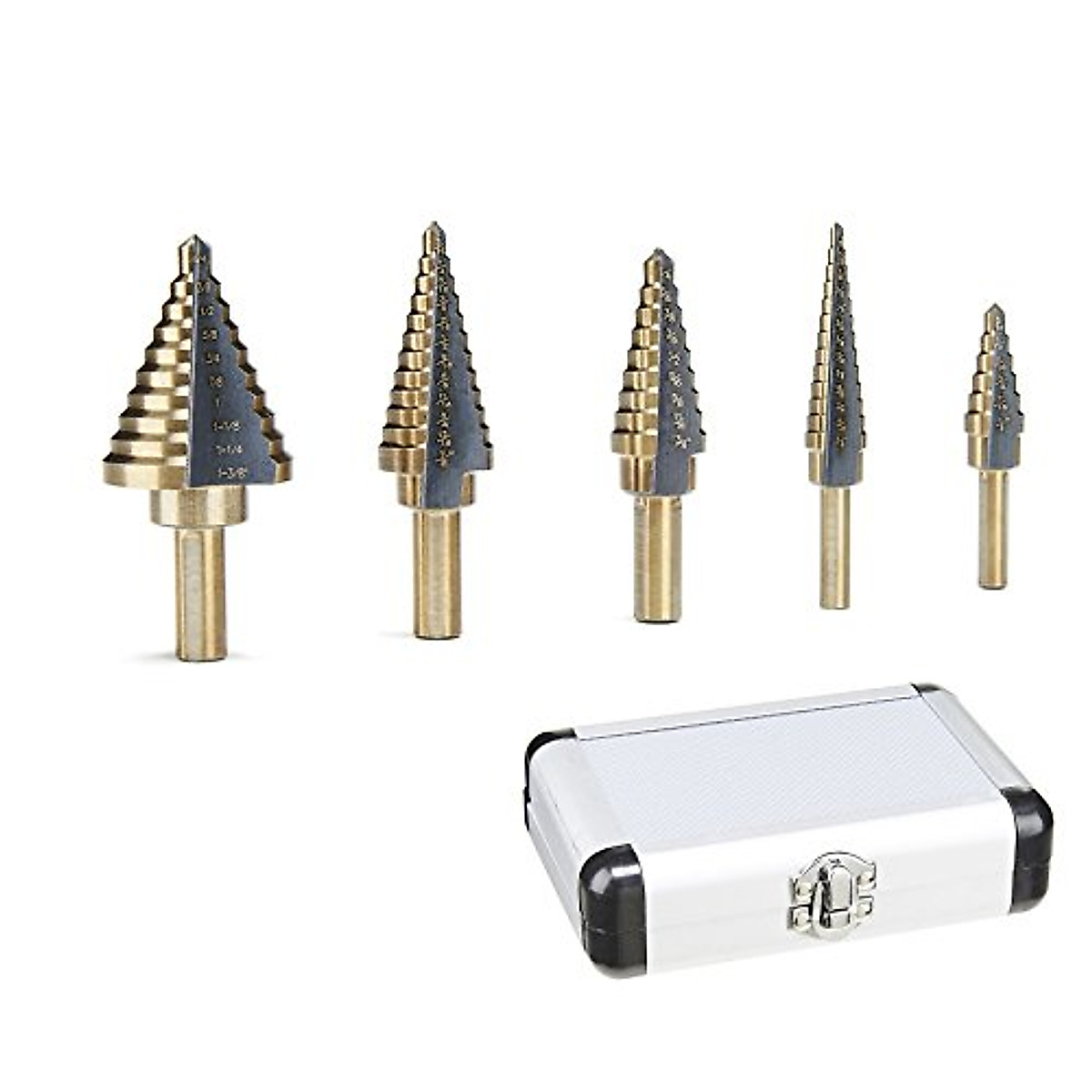 CO-Z Step Drill Bits, HSS 5PCS Titanium Step Drill Bit Set, 50 Sizes in 5 High Speed Steel Unibit Drill Bits Set for Sheet Metal with Aluminum Case, Multiple Hole Stepped Up Bits for DIY Lovers