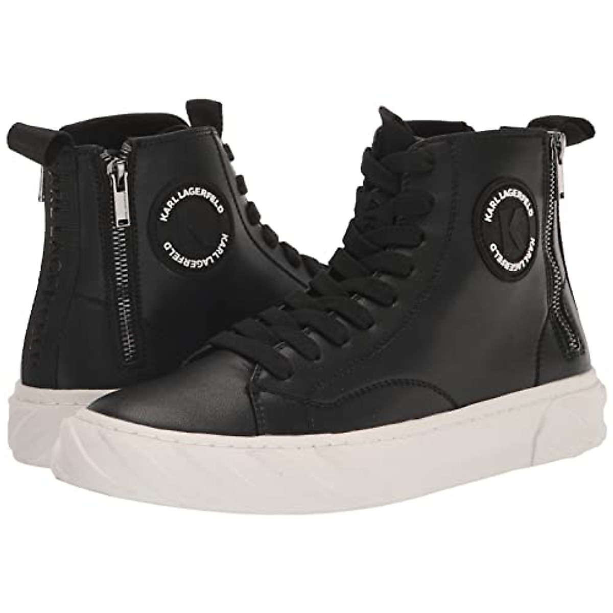 Karl Lagerfeld Paris Men's Recycled Leather Double Back Zip Hi Top Sneaker with Side Logo Patch, Black, 9.5