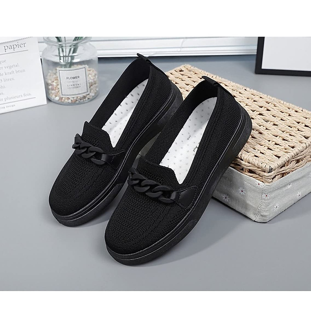 Fenlogft Womens Round Toe Wide Shoes Breathable Lightweight Loafers for Elderly Women Walking Nurse Work Flat Slip-On Shoes(G-Q809 Black,Size 6.5)