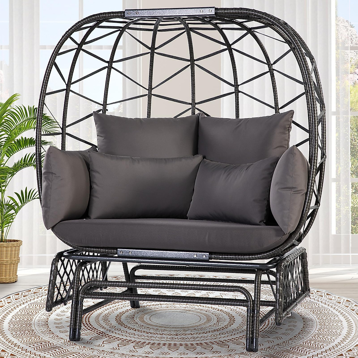 RADIATA Oversized Wicker Double Egg Chair w/ 7 Cushions 500lb Capacity Lounge Basket with Strong Heavy-Duty Steel Frame for Indoor Outdoor Patio Backyard Living Room (Gray)