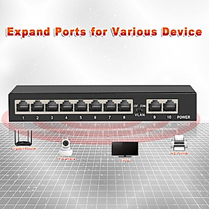 ienRon 10 Port Gigabit Switch, 8 Gigabit Ports + 2 Gigabit Uplink Ports, Unmanaged Ethernet Switch, Internet Switch Network Switch with AI Detection VLAN Mode | Plug and Play| Fanless Metal Design