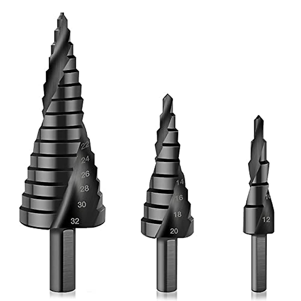 3PCS HSS Step Cone Drill Bit Set High Speed Steel Titanium Coated Hole Cutter Toll Set with Hex Shank Metric for Plastic Wood Metal Aluminum Copper (4-12mm, 4-20mm and 4-32 mm)