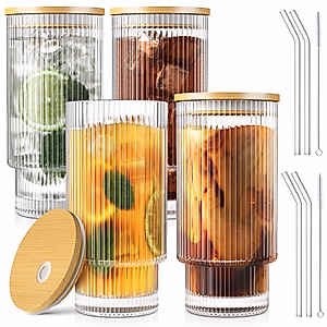 CWHHRN 16OZ Ribbed Glass Cups with Bamboo Lids and Glass Straws 4 Set, Vintage Glassware for Whiskey Cocktail Beer, Iced Coffee Cups for Cute Gifts (4 Set)