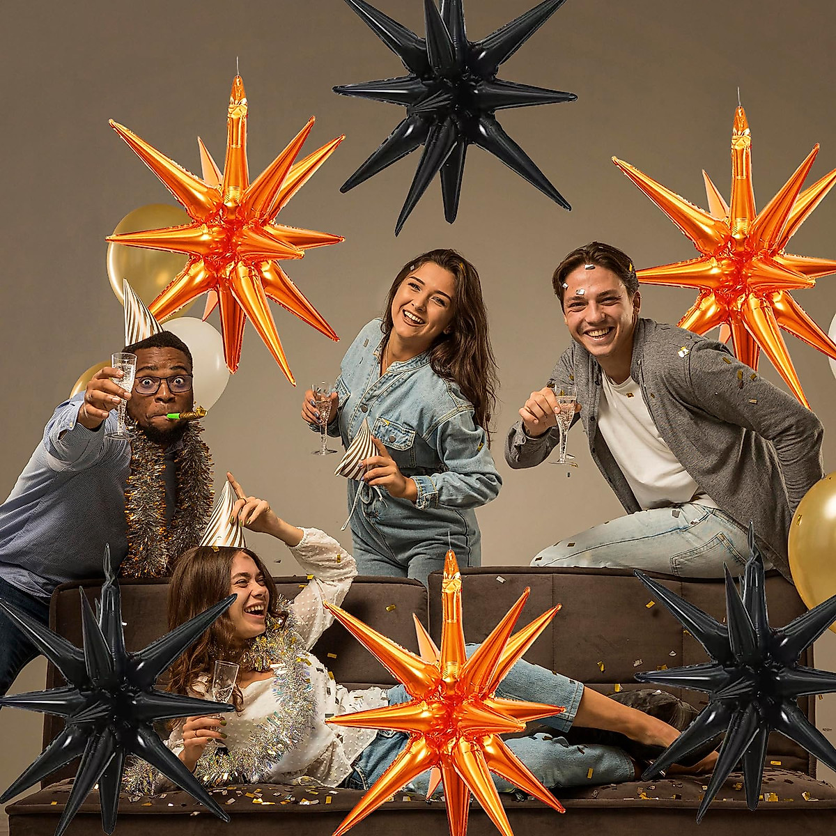 6 Pieces 27 Inches Black Orange Explosion Balloons, Large 14-Pointed One-Piece Cone Stars Fireworks Aluminum Foil Balloons for Halloween Birthday Graduation Backdrop Party Decorations