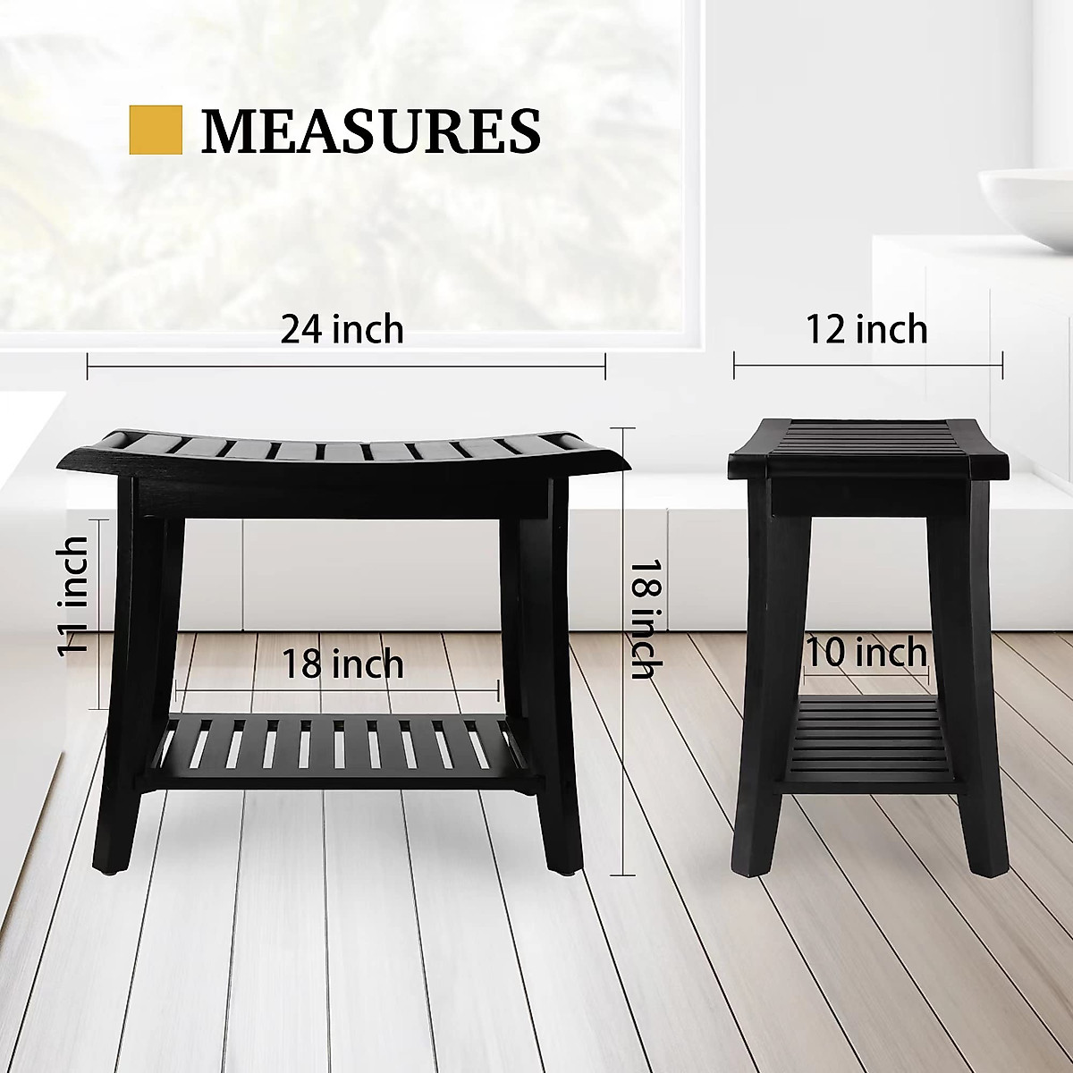 Bamboo Shower Bench Inside Shower Stool with Storage Shelf, Spa Bath Chair for Bathroom, Seat or Organizer for Living Room, Bedroom and Garden - Great for All Ages Unisex Elderly (Waterproof, Black)