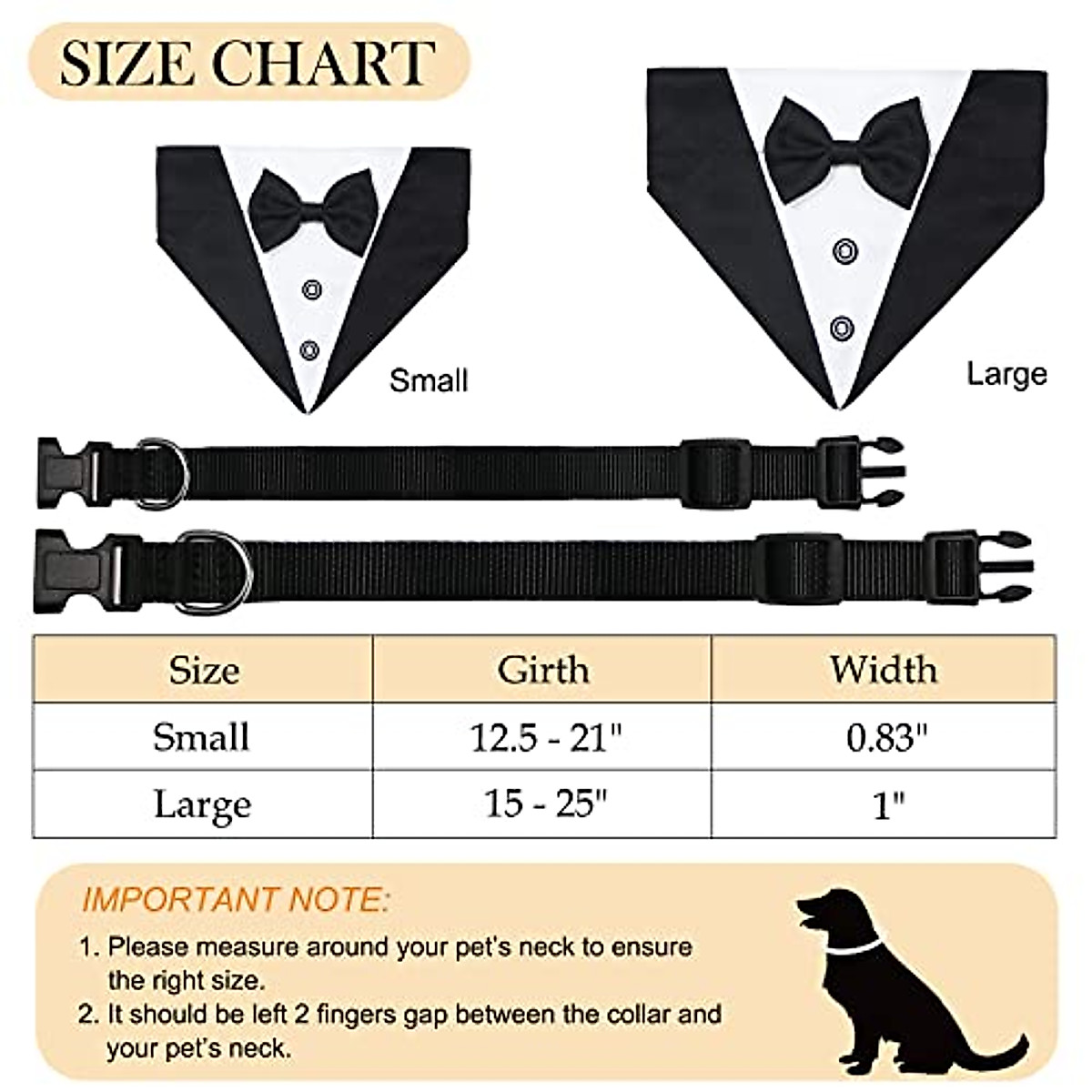 GOYOSWA Dog Tuxedo Collar with Bow Tie Dog Suit Dog Wedding Bandana, Adjustable Dog Tux Formal Dog Costumes for Small Medium Large Dogs Pets (L: Neck 15”-25”)