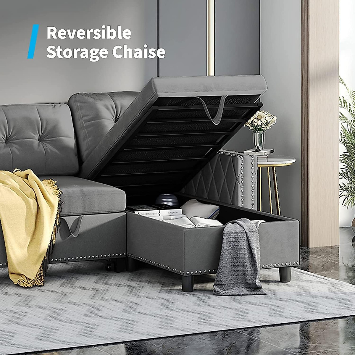 Mjkone 3 Seat L-Shape Sectional Sofa Couch with Pull Out Bed and Reversible Storage Chaise, Modern 83 Inch Sleeper Sofa with Breathable Velvet Fabric and Nailhead Trim for Living Room, Dark Gray