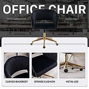 Home Office Chair Swivel Velvet Desk Chair Accent Armchair Upholstered Modern Tufted Chairs with Gold Base for Girls Women Ergonomic Study Seat Computer Task Stools for Living Room(Black)