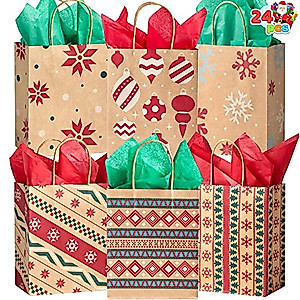 JOYIN 24 Christmas Kraft Gift Bags for Holiday Paper Gift Bags, Christmas Goody Bags, Xmas Gift Bags, Classrooms and Party Favors (9 x 7.3 x 3.3")