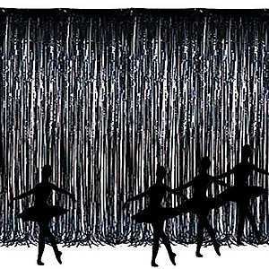 Adorox (2 pc Metallic Black) Metallic Silver Gold Rainbow Photo Backdrop Foil Fringe Curtains Party Wedding Event Decoration