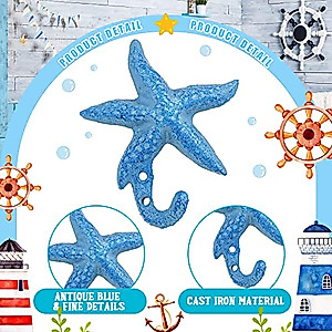 Set of 6 Starfish Cast Iron Wall Hooks Sea Star Decorative Wall Hook Antique Blue Outdoor Towel Hooks Starfish Decorative Coat Hooks for Aprons Hats Keys Bathroom Kitchen