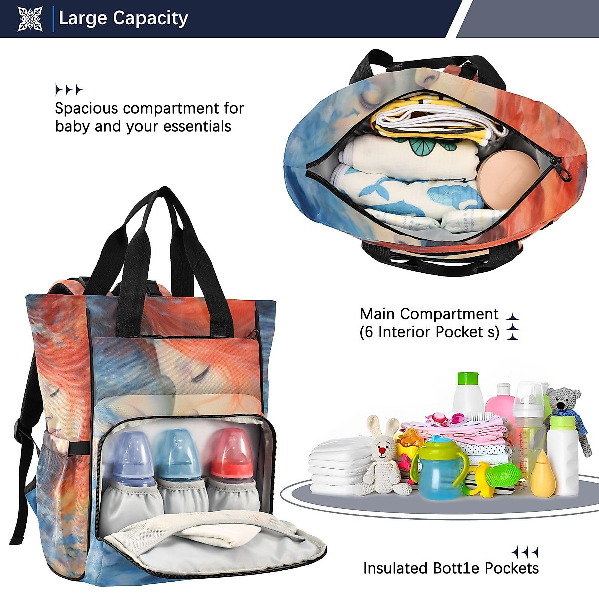 xigua Fire and Ice Fairy Diaper Bag Backpack Multi Function Baby Changing Bags Waterproof Large Capacity Travel Back Pack for Mom Dad