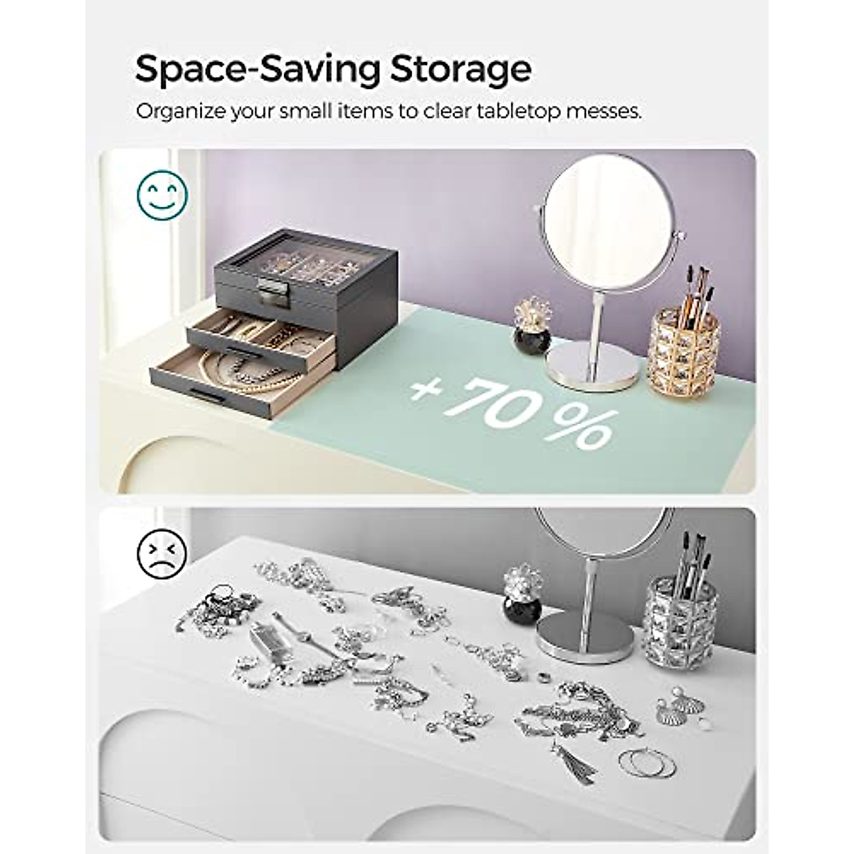 SONGMICS Jewelry Box with Glass Lid, 3-Layer Jewelry Organizer, 2 Drawers, for Big and Small Jewelry, Jewelry Storage, Modern Style, 8 x 9.1 x 5.3 Inches, Interstellar Gray and Silver UJBC239GY