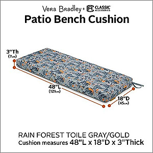 Vera Bradley by Classic Accessories Water-Resistant Patio Bench Cushion, 48 x 18 x 3 Inch, Rain Forest Toile Gray/Gold