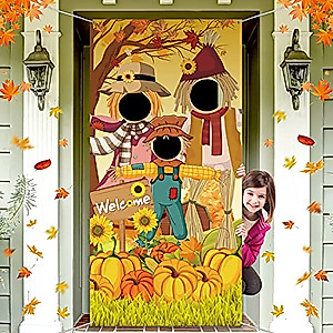 Thanksgiving Party Scarecrow Backdrop Decoration,Pumpkins Sunflower Photo Door Banner Cover Harvest Maple Fall Leaves for Autumn Thanksgiving Party Decor Favor Supplies