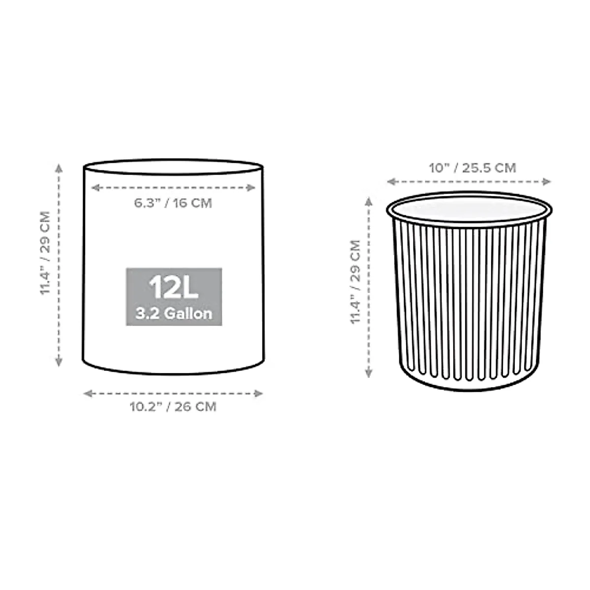Modern Round Waste Basket - 3.2Gal/12.1L Open Top Trash Bin - Black Garbage Can with Removable Plastic Bin Liner - Touchless Bathroom Garbage Can or Trash Can for Kitchen - Minimalist Office Trash Can