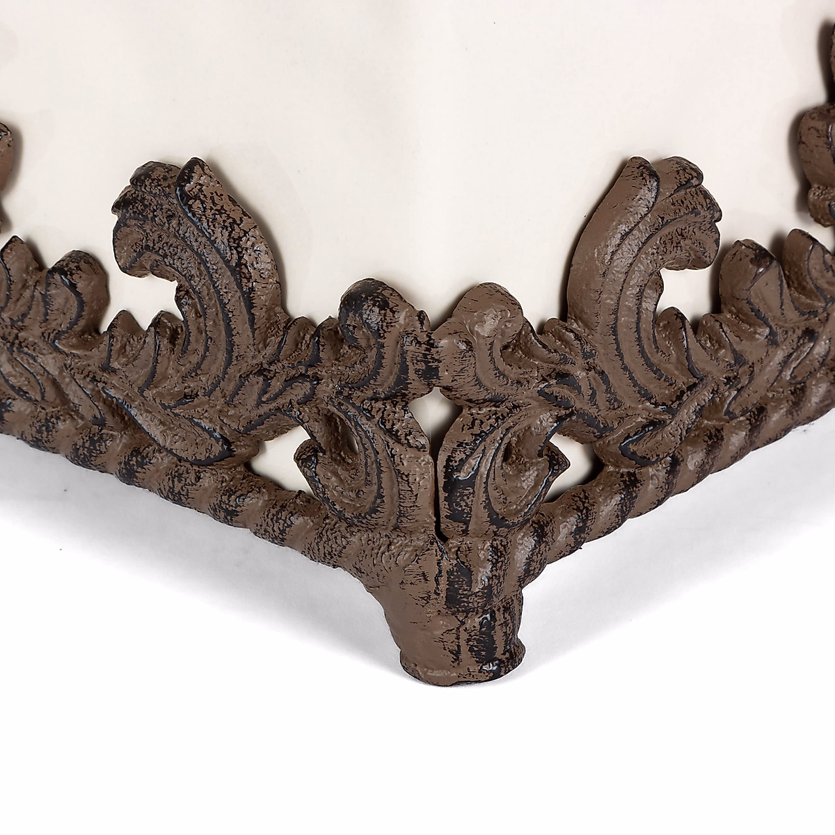 Cream Ceramic Flatware Caddy With Acanthus Leaf Metal Holder