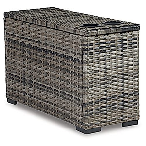 Signature Design by Ashley Harbor Court Outdoor Resin Wicker Handwoven Over Rust-Free Aluminum Framed Console with 2 Drink Holders, Gray