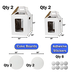 CAKINBOX Tall Cake Boxes with window and Cake Boards in 2 sizes 10x10x12 & 12x12x14 Tall Cake Carrier, Tiered Cake Box, Layer Cake, tier cake boxes, large cake box (PACK 4)