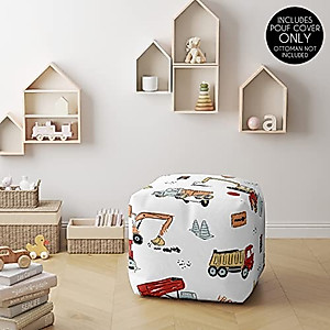 Sweet Jojo Designs Red Blue Construction Truck Boy Ottoman Pouf Cover Unstuffed Poof Floor Footstool Square Cube Pouffe Storage Baby Nursery Kids Room Transportation Tractor Grey Yellow Black White