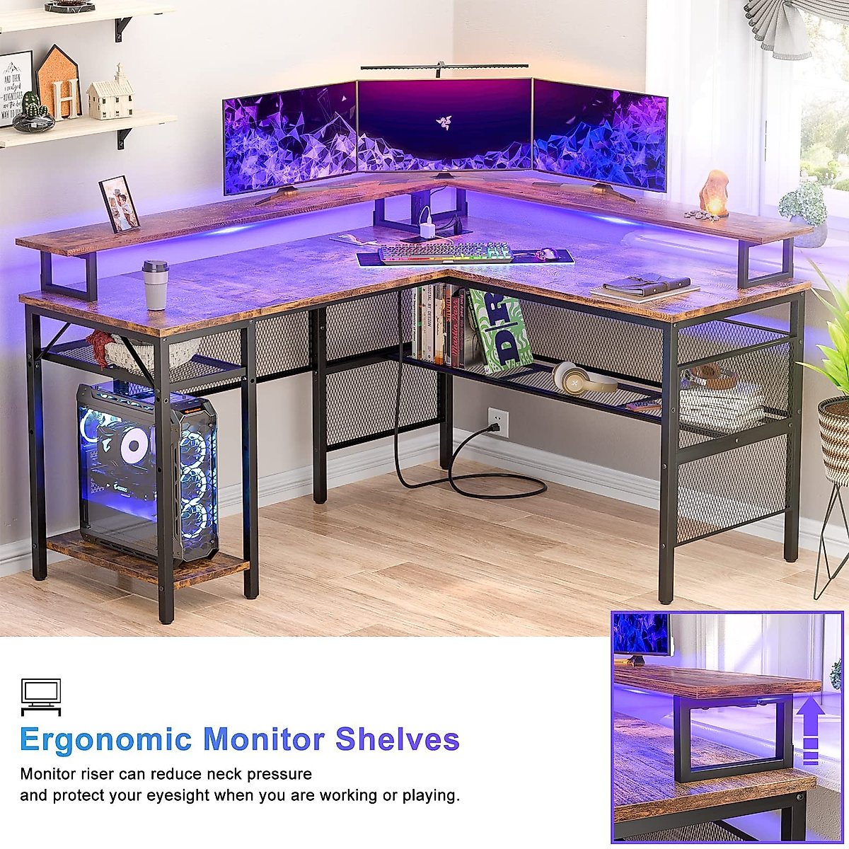 Unikito L Shaped Desk with LED Light and Power Outlet, Reversible Corner Computer Table with Monitor Stand and Storage Shelf, Modern L- Shaped Gaming Desk, Ergonomic Home Office Desk, Rustic Brown
