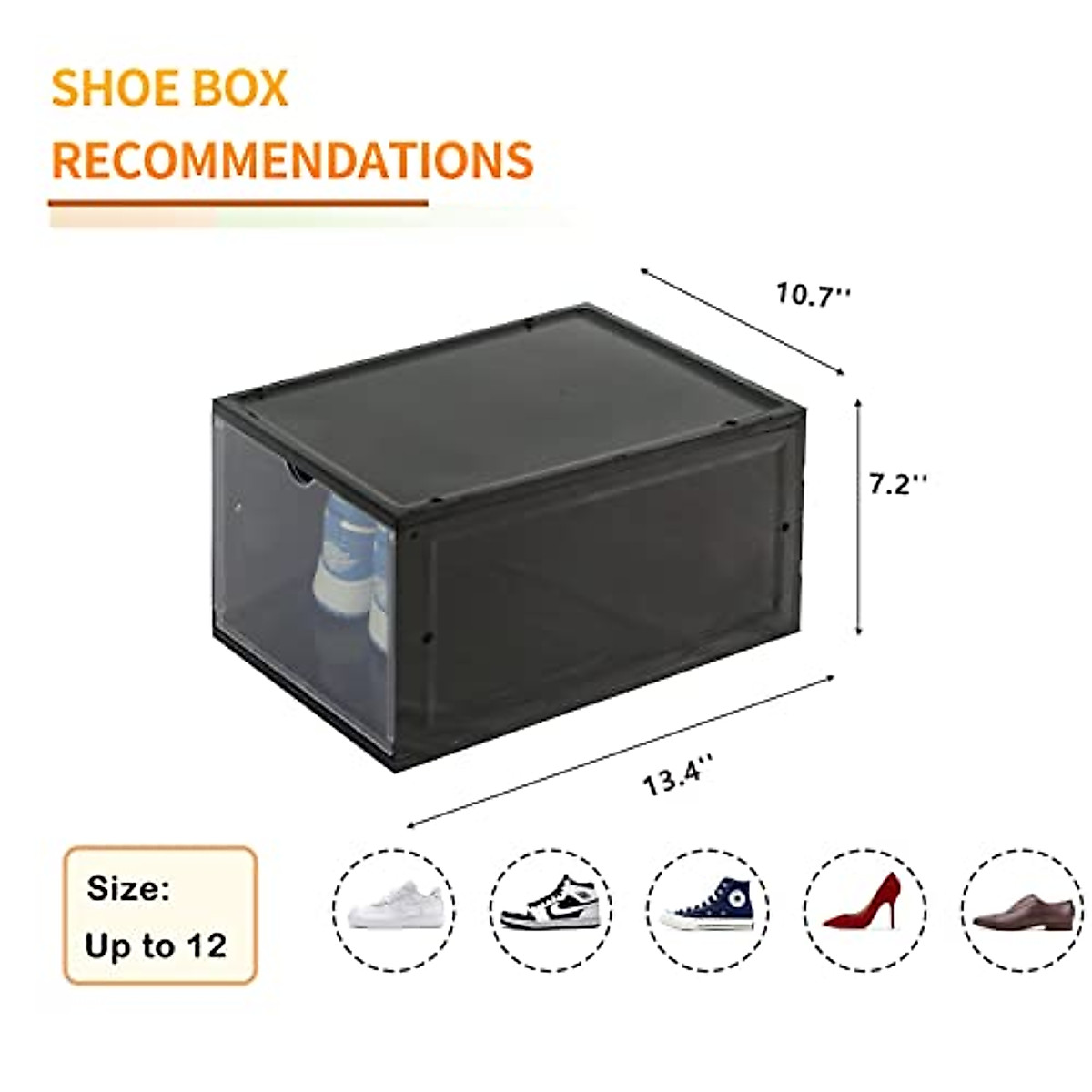 Hrrsaki 6 Pack Shoe Storage Box, Drop Front Shoe Boxes,Shoe Box Clear Plastic Stackable, Shoe Storage Box and Shoe Organizer for Display Sneakers,Easy Assembly,Fit up to US Size 12(13.4”x 10.7”x 7.2”) - Black
