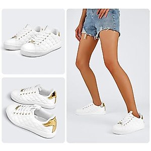 LUCKY STEP Women‘s Fashion Sneakers Classic Casual Tennis Lace up PU Leather Walking Shoes Comfortable Non Slip Sneakers(White,9B(M) US)