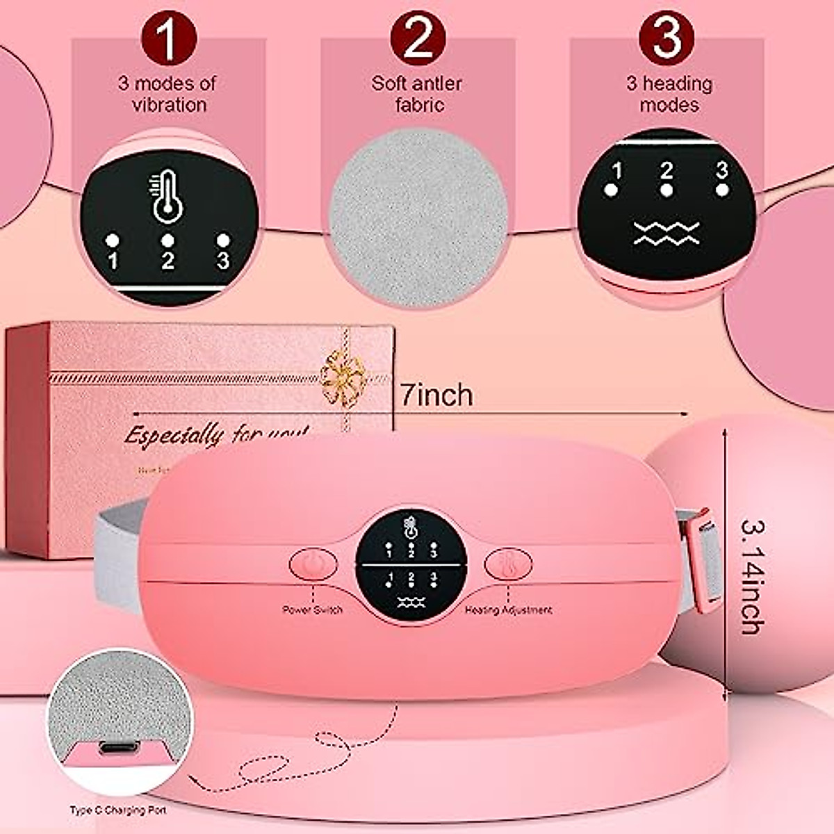 HZD Portable Cordless Heating Pad, Period Menstrual Heating Pad with 3 Heat Levels and 3 Massage Modes, Portable Electric Fast Heating Belly Wrap Belt for Women and Girl
