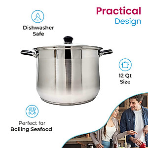 Professional Stainless Steel Stock Pot for Soup, Stock & Pasta with Glass Lid Encapsulated Base Gas Induction Capable - 12 qt size
