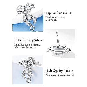 925 Silver Cute Cat Earrings Stud Solid Sterling Jewelry " Kiss me Hug Me" 3D Kitten Ear Jacket Earring for Women Teen Girls
