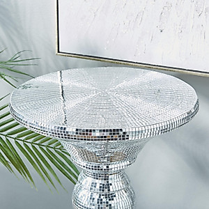 Deco 79 Polystone Round Pedestal Table with Mosaic Mirror Inlay, 14" x 14" x 36", Silver