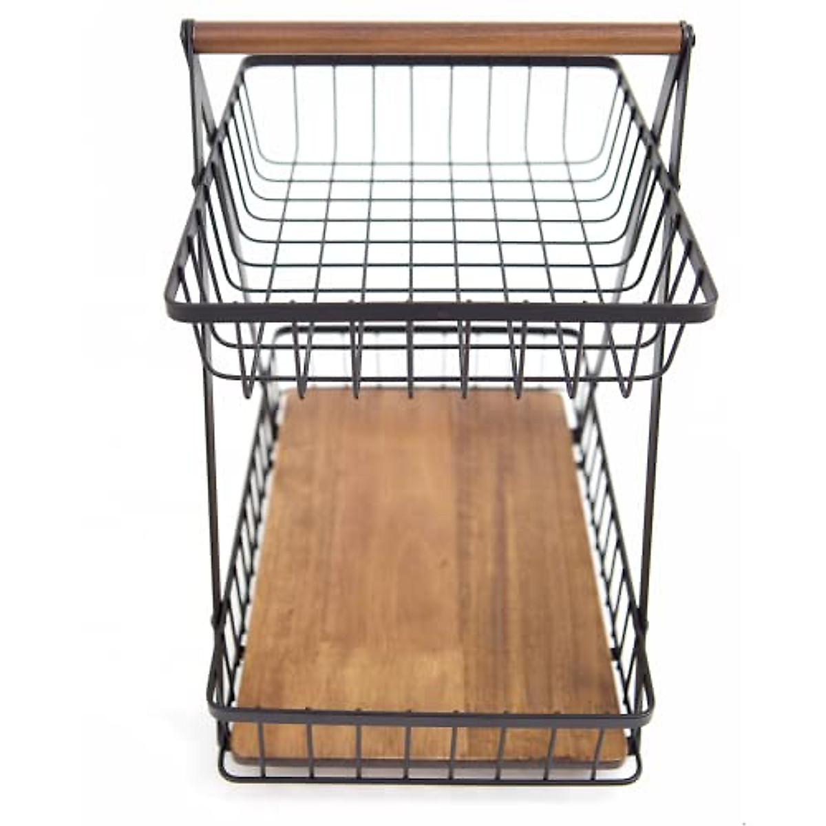 Emerson Ergonomics 2-Tier Large Fruit Basket || Wood Metal Bread Basket || Kitchen Countertop Fruit Bowl
