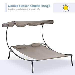 Outsunny Patio Double Chaise Lounge Chair, Outdoor Wheeled Hammock Daybed with Adjustable Canopy and Pillow for Sun Room, Garden, or Poolside, Brown