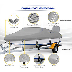 Fuprosico Boat Cover, 900D Waterproof Boat Cover Fits 16-18.5 ft V-Hull Boat,Bass Boat,Fishing Runabout Bowrider Boat,Fish and Ski Boat 16'-18.5',Heavy Duty Marine Grade Canvas Gray
