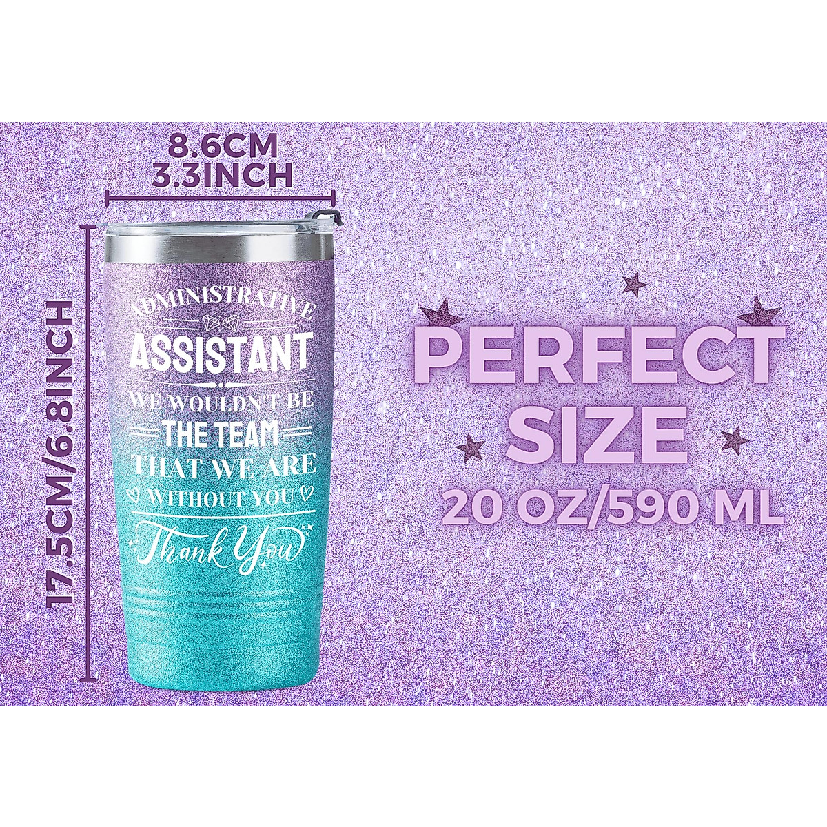 Onebttl Administrative Professional Day Gifts for Administrative Assistant, Secretary, 20 oz Stainless Steel Tumbler for Women - Thank You - Blue Purple Gradient Glitter