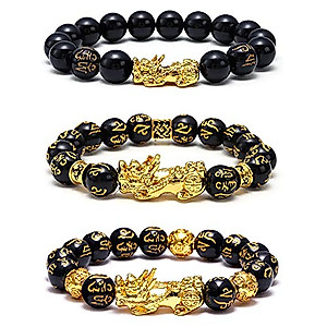 HiRinK 3Pcs Feng Shui Good Luck Bracelets- Lucky Charm Pi Xiu Pi Yao Bracelet Chinese Dragon Attract Good Luck and Wealth Jewelry Adjustable Elastic for Men Women