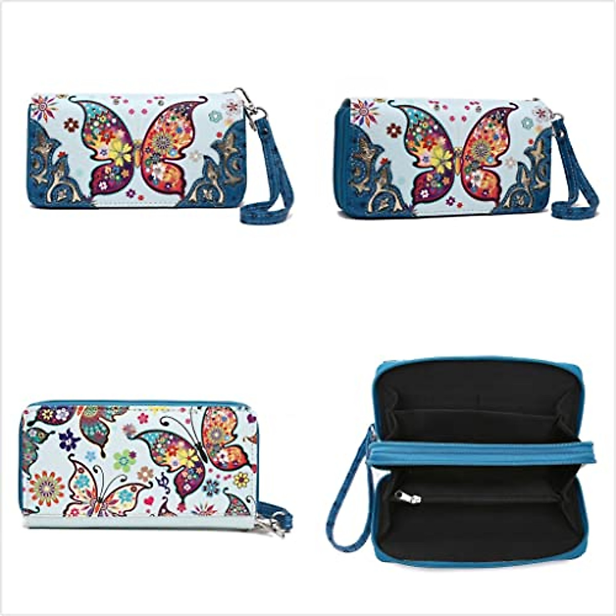 Butterfly Floral Western Purse Country Handbag Women Shoulder Bag Crossbody Wallet Card Holder 4 PCS Set (#2 Blue)