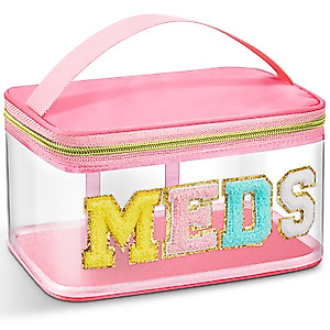 Chenille Letter Bag Nylon Makeup Bag Portable Bag Makeup Cases Preppy Patch Makeup Bag with Zipper Cosmetic Toiletry Storage Bag for Women Girls (Pink,Chic MEDS)