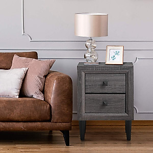 Giantex Nightstand with Drawer, Fully-Assembled 2-Drawer Bedside Tables with Solid Wood Legs for Bedroom, Modern Night Stand Side Table for Small Space Living Room, Grey