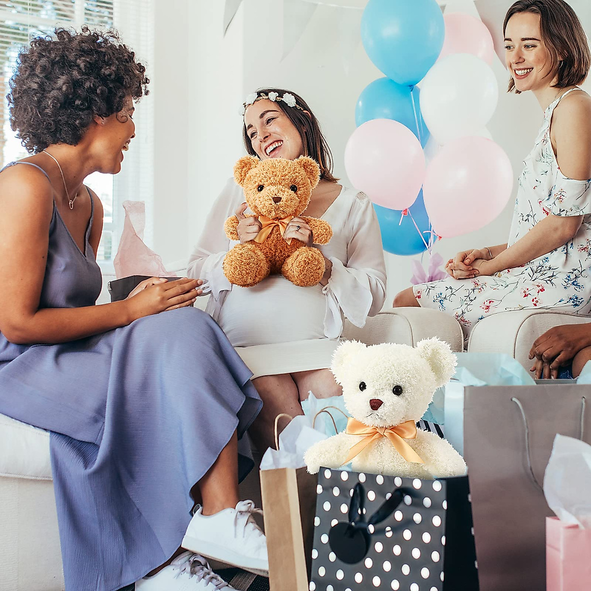 18 Pcs Bear Stuffed Animals Bulk 12 Inch Soft Plush Bears Doll Small Stuffed Bear Toy with Bows for Boy Girl Baby Shower Christmas Birthday Decor Gift Party Favors (Light Brown, White)