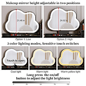 YYJ Makeup Vanity Table with 27.5 * 19.7in Lighted Mirror,Power Strip Charging Station, Vanity Desk with Storage Shelves,3 Lighting Modes, Brightness Adjustable,Writing Desk with 5 Drawers, Black