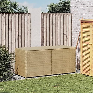 GOLINPEILO 74.8 Gal Outdoor Storage Box, Patio Rattan Deck Box, Wicker Storage Bin Deck Box, Poly Rattan Patio Storage Chest with Hinged Lid for Cushions, Pillows, 47.2"x19.7"x22" Mix Beige