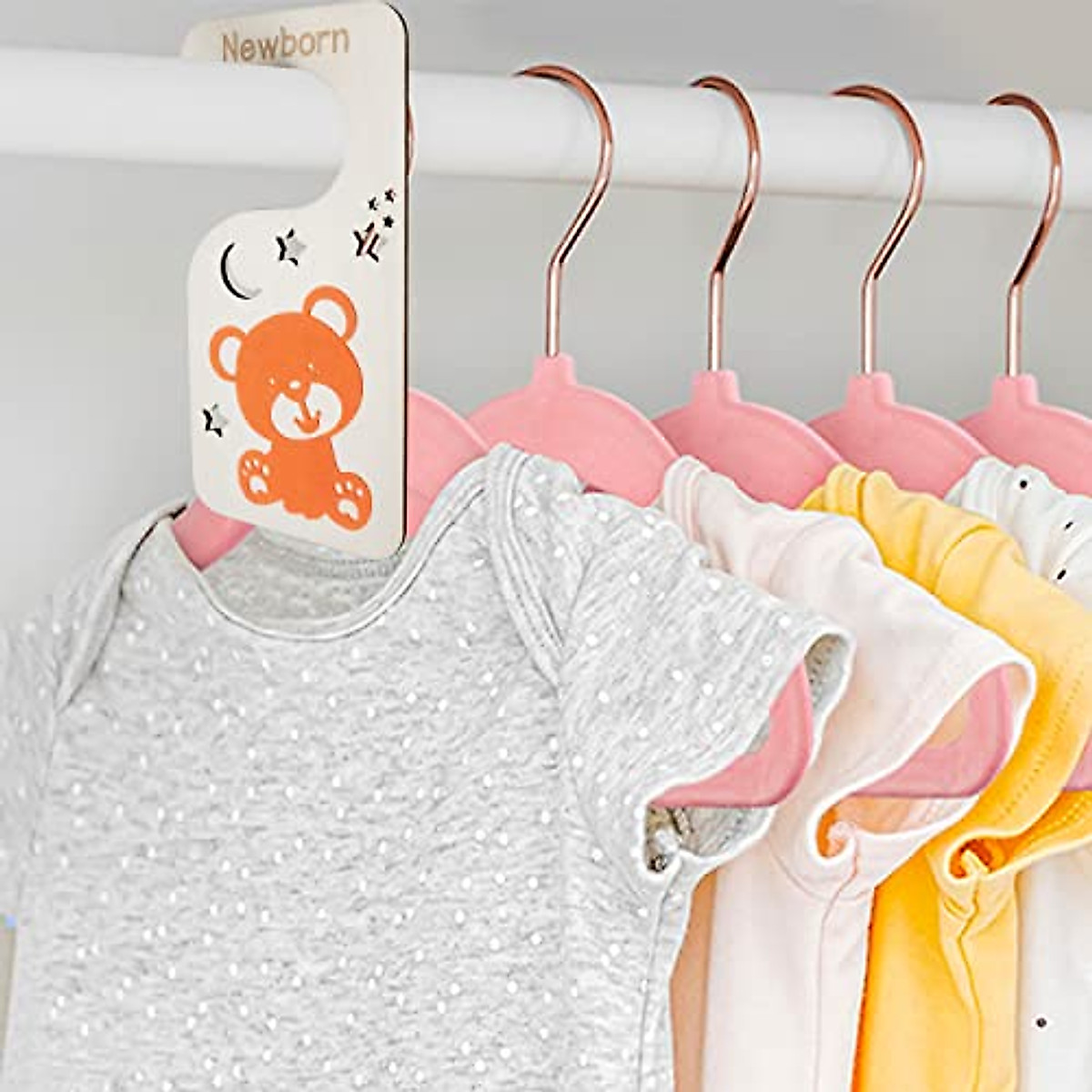 Wooden Baby Closet Dividers for Baby Nursery – 7Pcs Premium Wooden Hanging Organizer for Baby Clothes – Cute Felt Baby Cub Design Closet Dividers for Hanging Clothes – Easy to Install