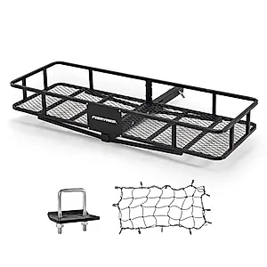 FIERYRED Folding Hitch Mount Cargo Carrier 60" x 20" x 7", 500 LBS Heavy Duty Trailer Hitch Mount Cargo Basket with Net & Hitch Stabilizer, Fit 2" Receiver for SUV, Truck, Car