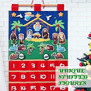 Timoo Nativity Advent Calendar 2024 Fabric Christmas Countdown Calendar for Kids Wall Christmas Advent Calendar with Pockets and 24 Unique Stuffed Figures
