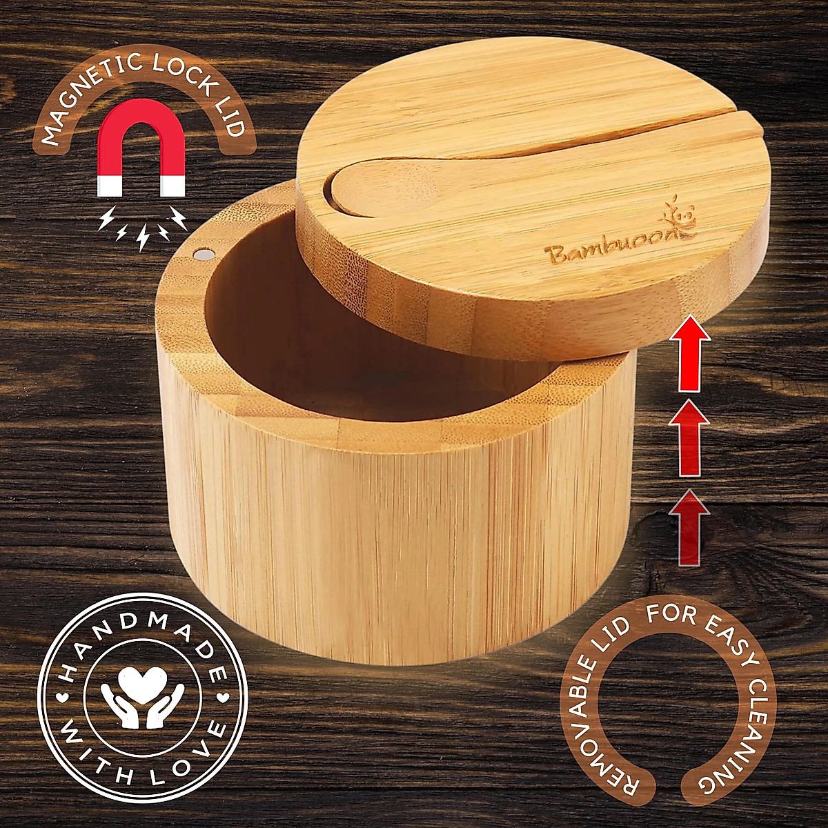 Bambuood Premium Bamboo Salt Cellar with Swivel Magnetic Lid - 100% Handmade, Elegant Salt & Spices Storage Box and Multi-Use Container with Mini Spoon.
