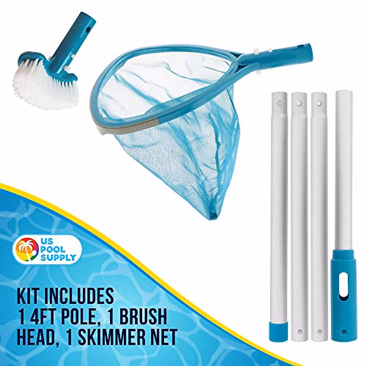 U.S. Pool Supply Professional Heavy Duty Spa, Hot Tub, Pond Cleaning & Maintenance Set - Small Skimmer Net, Deep Fine Mesh Netting, Spa Scrubbing Brush, 4 Ft Pole, Floating Chlorine Chemical Dispenser