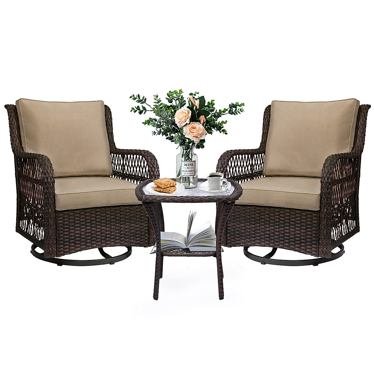 Amyove 3 Pieces Outdoor Wicker Swivel Patio Set, 360° Swivel Rocking Patio Chairs of 2 with Side Table and Fabric Cushions for Outside, Yard, Garden, Balcony (Beige)