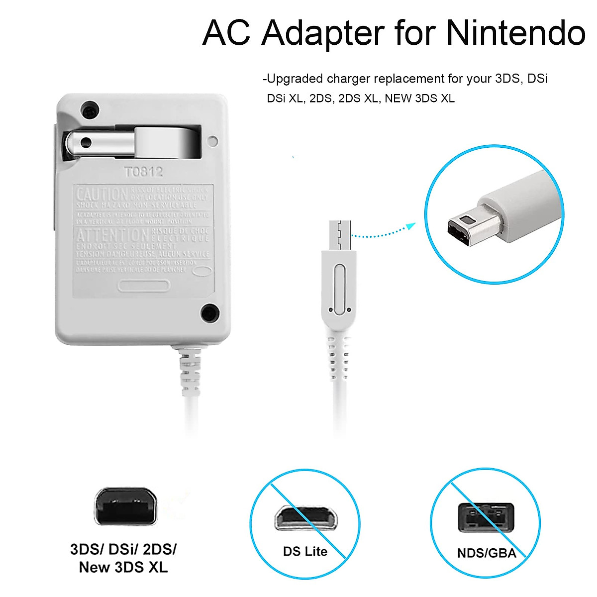 Toxaoii 3DS Charger, 3DS XL Power AC Adapter Compatible with Nintendo 3DS, 3DS XL, 2DS, 2DS XL, DSi, DSi XL, Home Travel Charger Wall Plug Power Adapter (100-240v)
