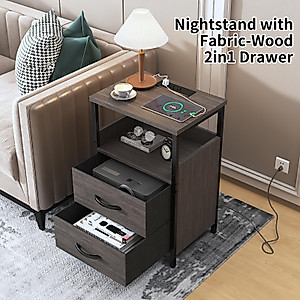 KHLJJU Nightstand with Charging Station, End Table Fabric-Wood 2-in-1 Drawer, Side for Small Spaces, Grey Bedside Tables USB Ports and Outlets Living Room, Bedroom, Office, KHL-BC-Hui-A
